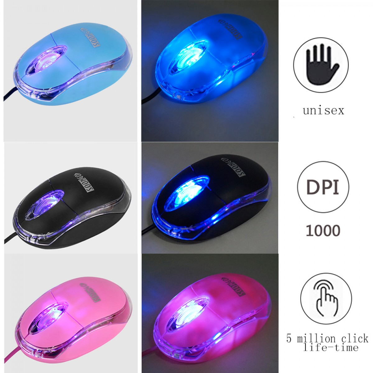 Mini Optical Wired Ergonomic Mouse LED Light Pink Black Blue Computer ...