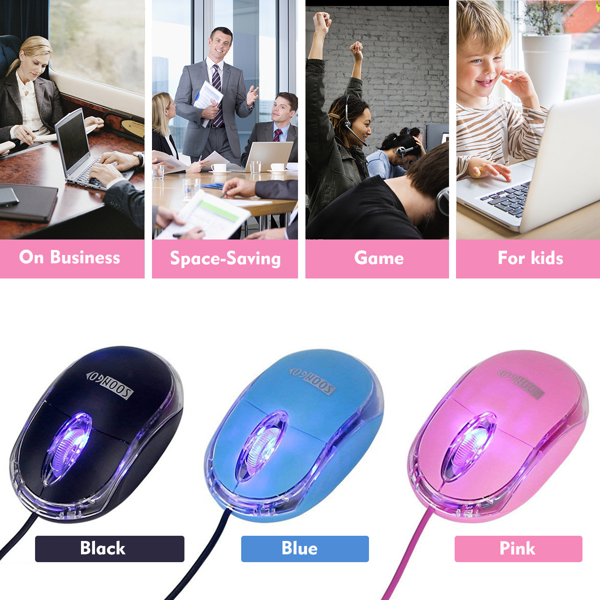 Mini Optical Wired Ergonomic Mouse LED Light Pink Black Blue Computer ...